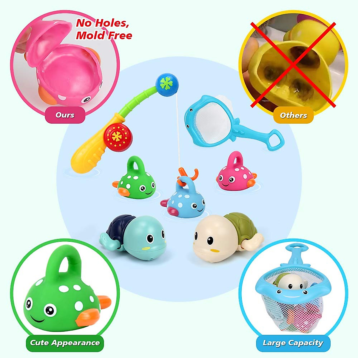 Bath Toys Fish Set, Fishing Game w/ Swimming Tortoise, Fishing Pole & Net, Fish Game Bathtub Water Table Shower Pool Bathroom Toy for Toddlers Baby Kids Infants Boys Girls