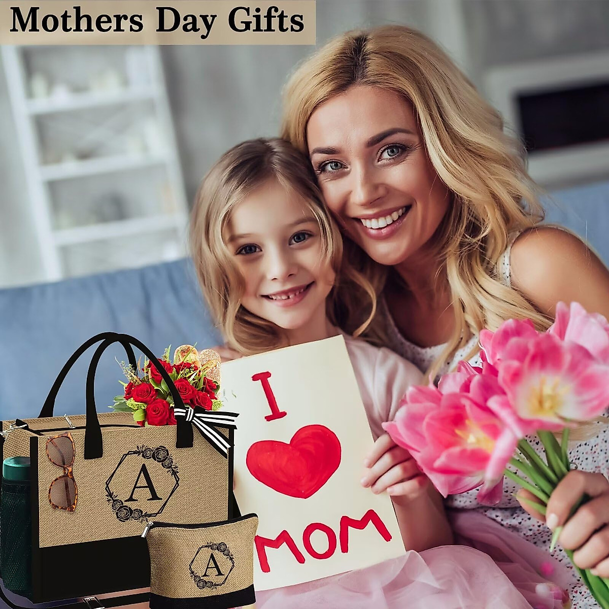 YOOLIFE Mothers Day Gifts - Gifts for Mom, Mom Birthday Gifts, New Mom Gifts, Mom Gifts for Mothers Day, Mothers Day Gift Basket, Mom Christmas Gifts, Mom Gift Bag, Initial Mom Tote Bag (K)
