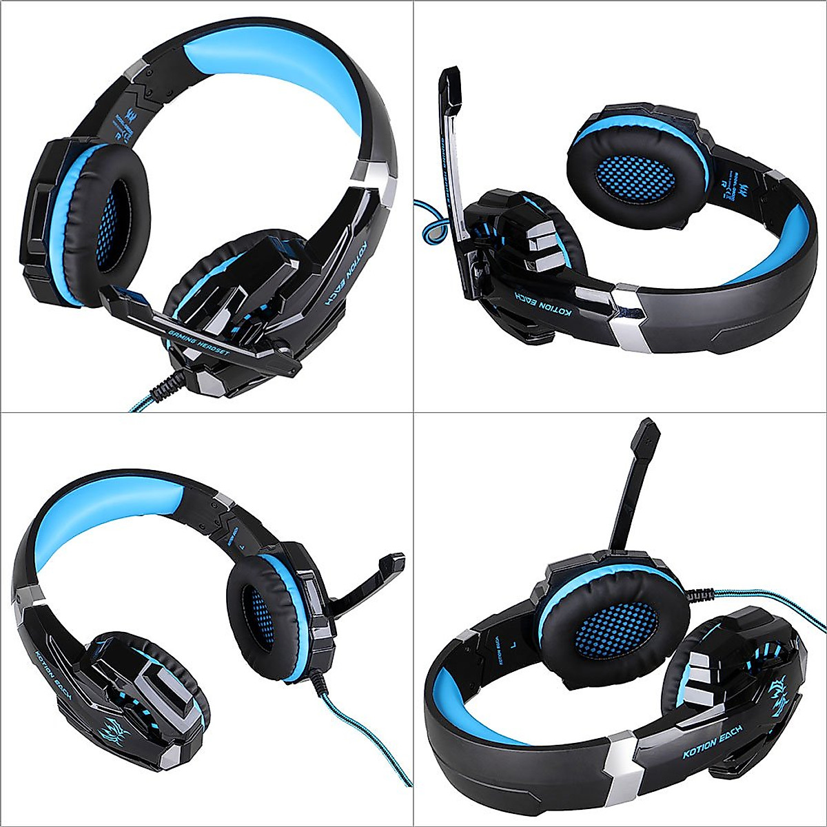KOTION EACH G9000 Headset 3.5mm Game Gaming Headphone Earphone with Microphone LED Light for Laptop Tablet/Mobile Phones/ PS4 (Black Blue)