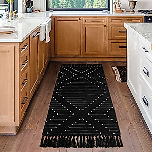 MitoVilla Boho Kitchen Runner Rug 2'x4.3', Black and White Hallway Rugs, Farmhouse Simple Geometric Bath Mat with Tassel, Washable Cotton Woven Living Room Rug