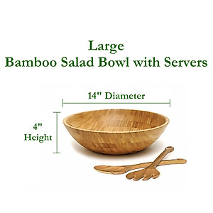 Lipper International Bamboo Wood Salad Bowl with 2 Server Utensils, Large, 14" Diameter x 4" Height, 3-Piece Set