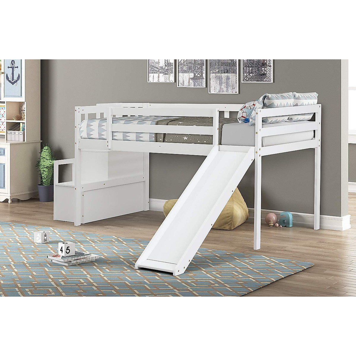 HomSof Twin Loft Bed with Slide Staircase Storage,Full-Length Safety Guardrails for Junior Boys Girls,No Box Spring Needed,White