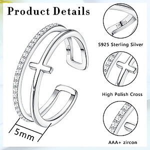YADOCA 925 Sterling Silver Cross Ring for Women Adjustable Cross Love Open Ring Stackable Cubic Zirconia Cross Ring Pray Through It Ring Christian Religious Ring