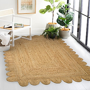 GRUHUM Scalloped Jute Area Rugs 3'x5' ft Natural Fibre Handwoven Boho Reversible Farmhouse Soft Braided Rug Indoor EcoFriendly Livingroom Bedroom Kitchen Hallways Enterways Rectangular Rug