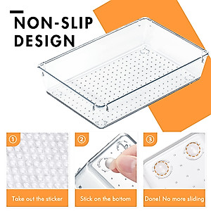 HOUSE DAY Desk Drawer Organizer Bins 6 PCS, 9*6*2" Clear Drawer Organizers with Silicone Pads, Vanity Organizers and Storage, Non Slip Plastic Drawer Organizer for Makeup, Bathroom, Kitchen, Office