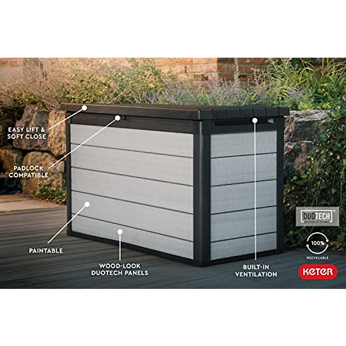 Keter Denali 200 Gallon Resin Large Deck Box-Organization and Storage for Patio Furniture, Outdoor Cushions, Garden Tools and Pool Toys, Grey & Black