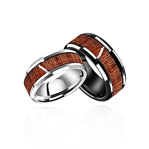 8mm Black Stainless Steel Wedding Band Inlay Wooden Promise Engagement Ring for Couples Him and Her Y1539 (Black, 9)