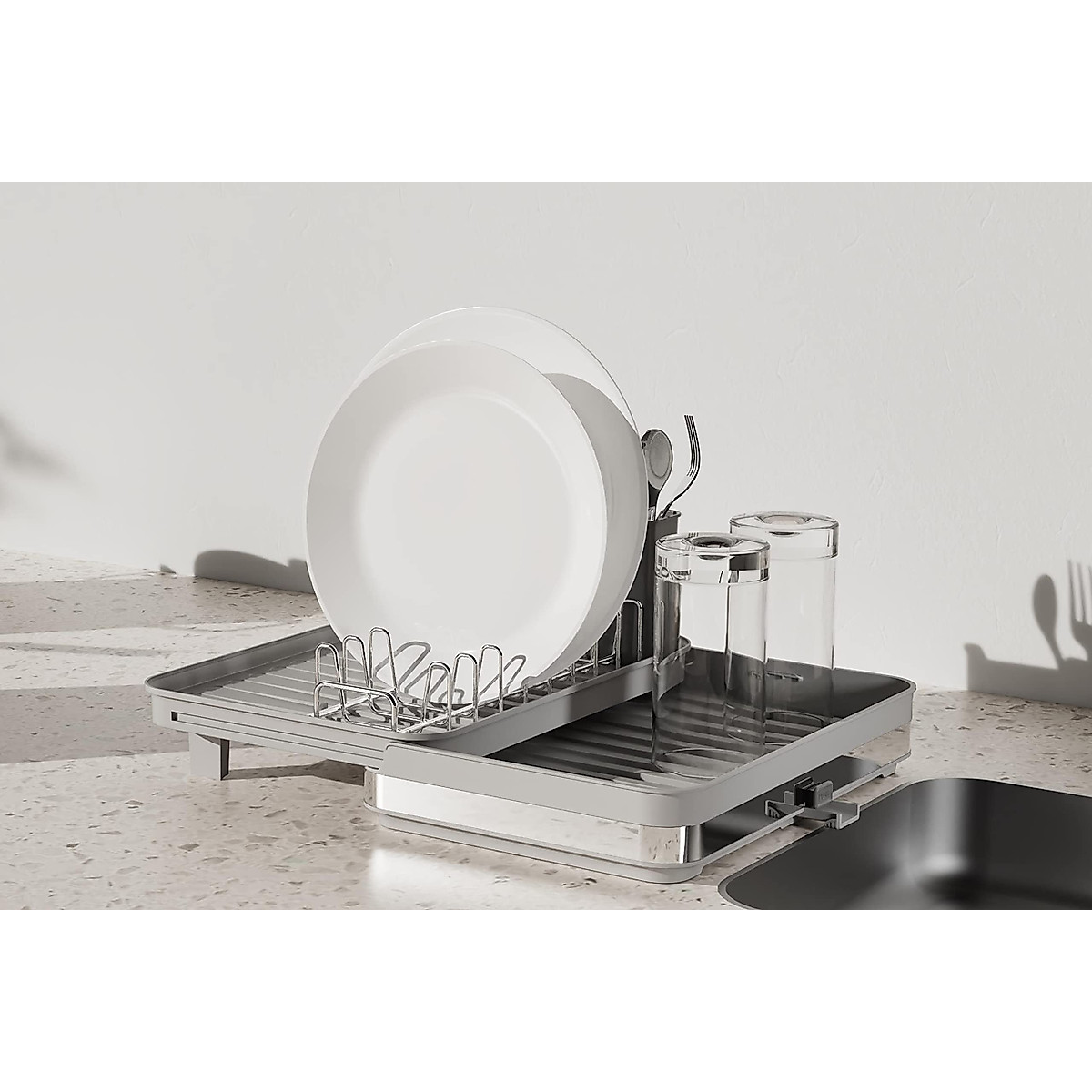 Alta by Auggie Chino Expandable Dish Drying Rack with Drainage Spout, Stainless Steel, Movable Utensil Drainer, (White)