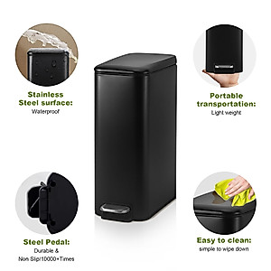 EmoH Small Bathroom Trash Can with Soft Close Lid, Step Pedal, 8 Liter / 2.1 Gallon Stainless Steel Garbage Can with Removable Inner Bucket, for Dorm Room,Bedroom, Home Office, Toilet, RV(Black)