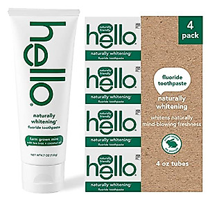 Hello Naturally Whitening Fluoride Toothpaste, Farm Grown Mint, Vegan, SLS Free, Gluten Free, Peroxide Free, 4.7 Ounce (Pack of 4)
