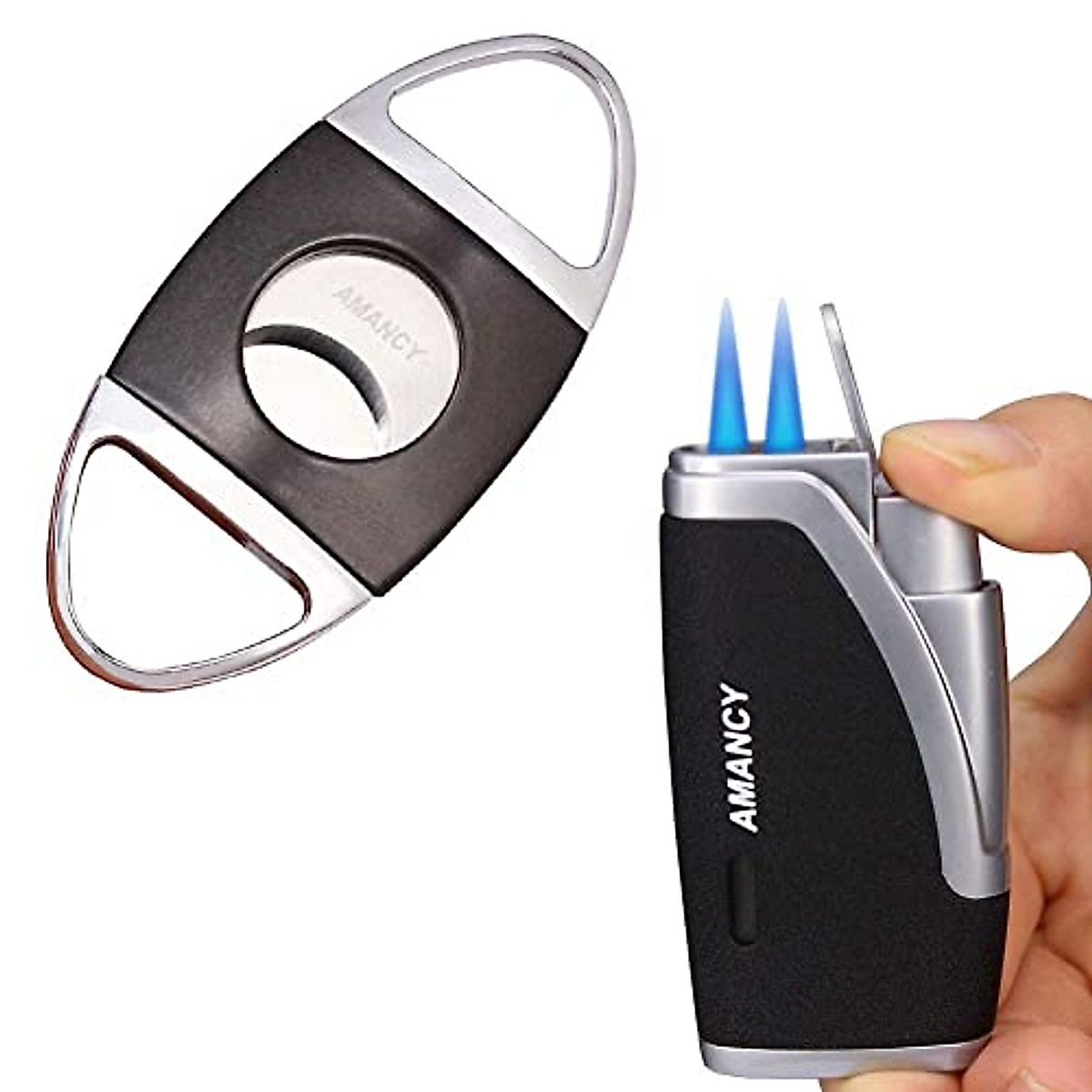 AMANCY Portable Multi-Function Brown Leather Cedar Wood Lined 5 Holder Cigar Case, Cigar Organizer Humidor with Cutter and Lighter,Great Gift for Cigar Lovers