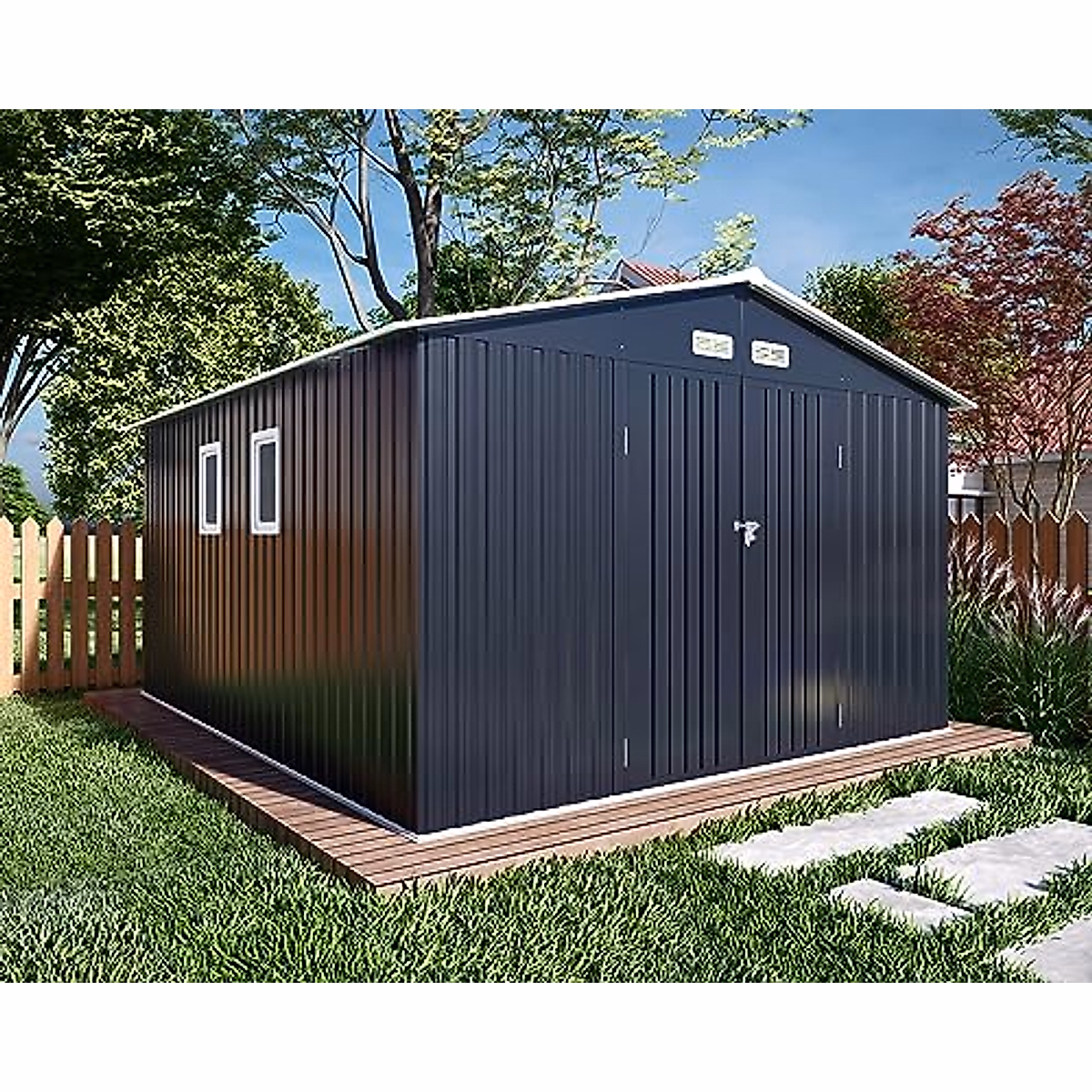 VanAcc 10x12x7.5 FT Outdoor Storage Shed, Galvanized Steel Metal Garden Sheds Kit with 2 Light Transmitting Window and Double Lockable Door, Oversized Tool Sheds for Backyard Patio Dark Grey/White