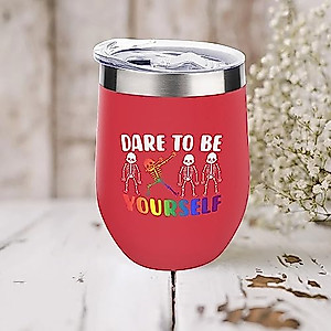 Mighun Dare To Be Yourself Rainbow Skull Wine Tumbler with Lid, LGBT Pride Gay Lesbian Vacuum Coffee Tumbler, Gay Pride Stemless Insulated Wine Glasses Cup for Champaign, Cocktail, Beer