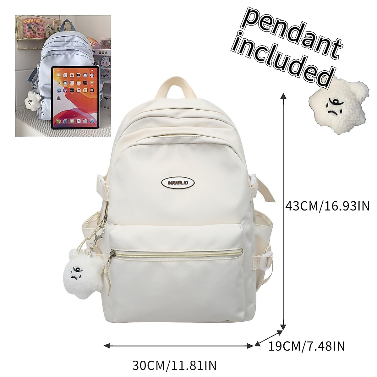 VTTDB Kawaii Backpack with Cute Accessories Casual Aesthetic Daypack Simple Laptop Bag Waterproof Travel Rucksack for Women (white)