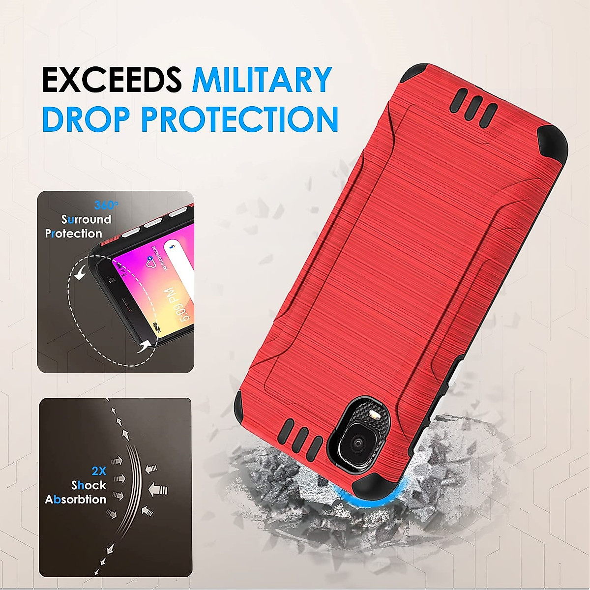 TJS Compatible with Alcatel TCL A3 A509DL Case/TCL A30 Case, with Tempered Glass Screen Protector, Magnetic Support Hybrid Shockproof Metallic Brush Finish Protector Phone Case Cover (Red)