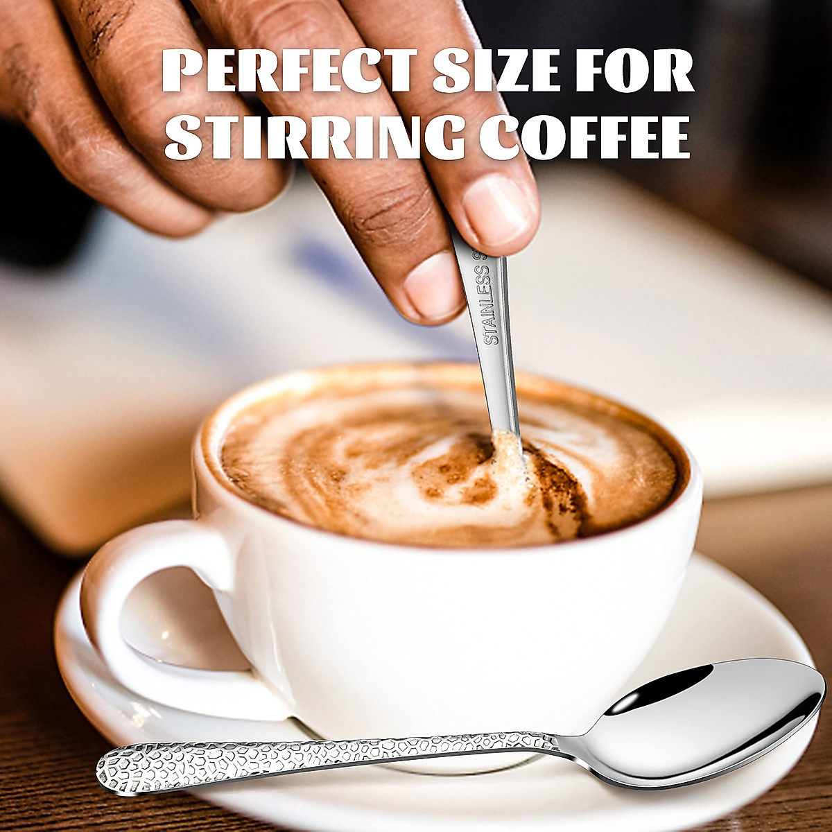 E-far 12-Piece Coffee Spoons, 6-Inch Stainless Steel Espresso Spoons, Small Metal Spoons for Coffee/Sugar/Tea, Hammered Design & Rust Free, Dishwasher Safe