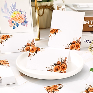 Whaline 100Pcs Orange Floral Place Cards 3.5 x 2 Inch Watercolor Rose Tented Card Seating Cards Blank Table Name Sign for Fall Thanksgiving Party Table Setting Supplies