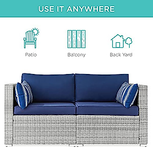 Best Choice Products 2-Person Outdoor Patio Loveseat Sofa, Modular Wicker Couch Furniture Conversation Set w/ 2 Accent Pillows, Adjustable Feet, 550lb Weight Capacity - Gray/Navy