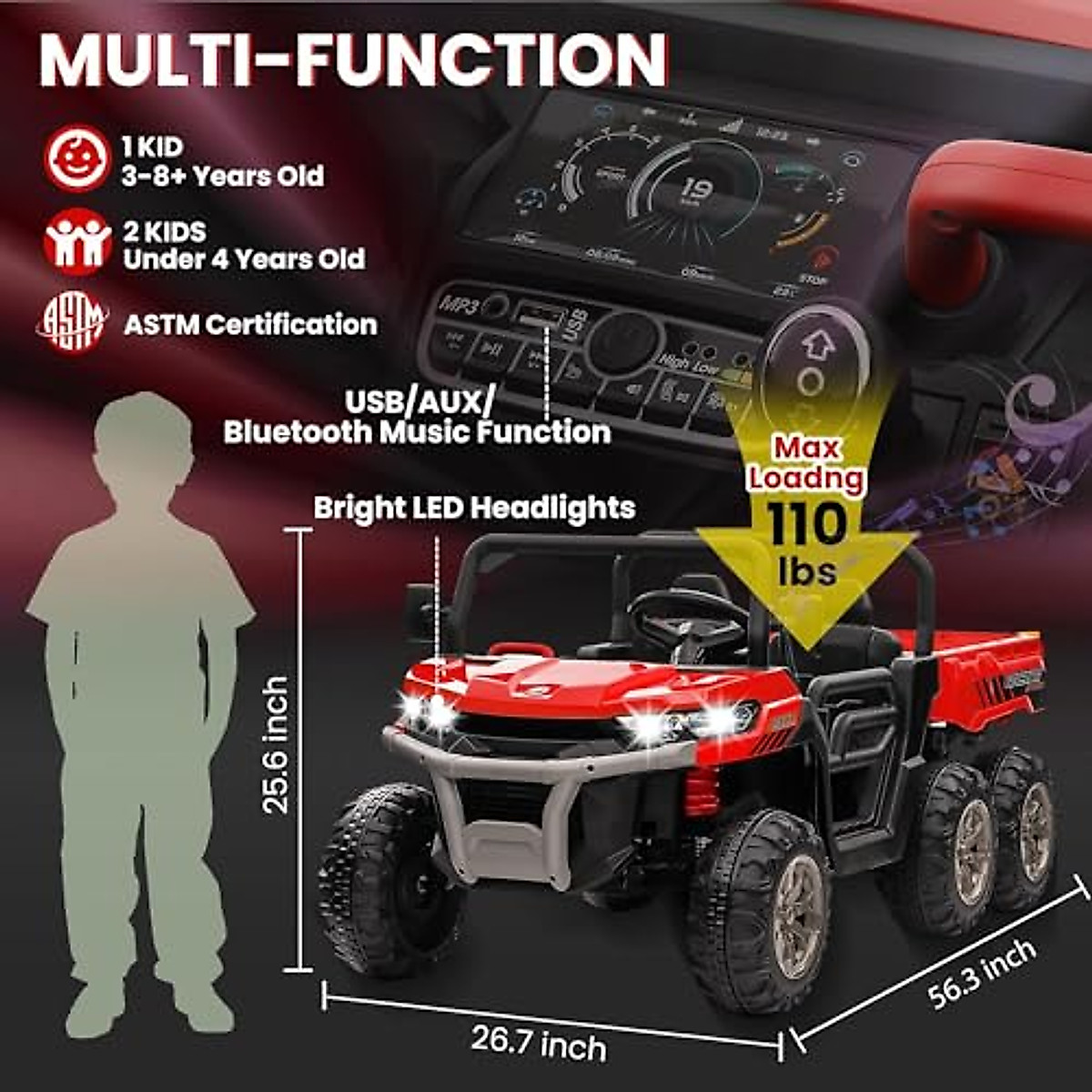 anrli 24V Ride on Car XL 2 Seats Ride on Dump Truck 4WD 6X6 Ride On Truck Electric Kids UTV w/2.4G Remote Control,3 Adjustable Speed, Bluetooth Music,Spring Suspension,Power Vehicle Wheels, Red