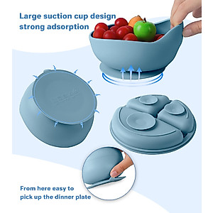 ECLIP Silicone Baby Feeding Set, 10 Pcs Baby Led Weaning Supplies with Suction Bowl Divided Plate Adjustable Bib Soft Spoon Fork Snack Cup with Lid Drinking Cup, Utensil (Blue)