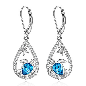 Sea Turtle Earrings for Women Sapphire Jewelry Animal Lover Gifts S925 Sterling Silver Ocean Zirconia Starfish Hoops Blue Dangle Earrings for Friends Sister Mom