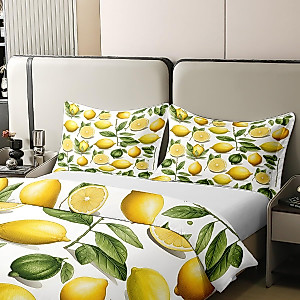 Manfei Lemon 100% Nature Cotton Duvet Cover,Yellow Summer Fruits Botanical Leaves Bedding Set for Room Decor,Rustic Farmhouse Style All Season Bedding with Zipper Closure Queen Size