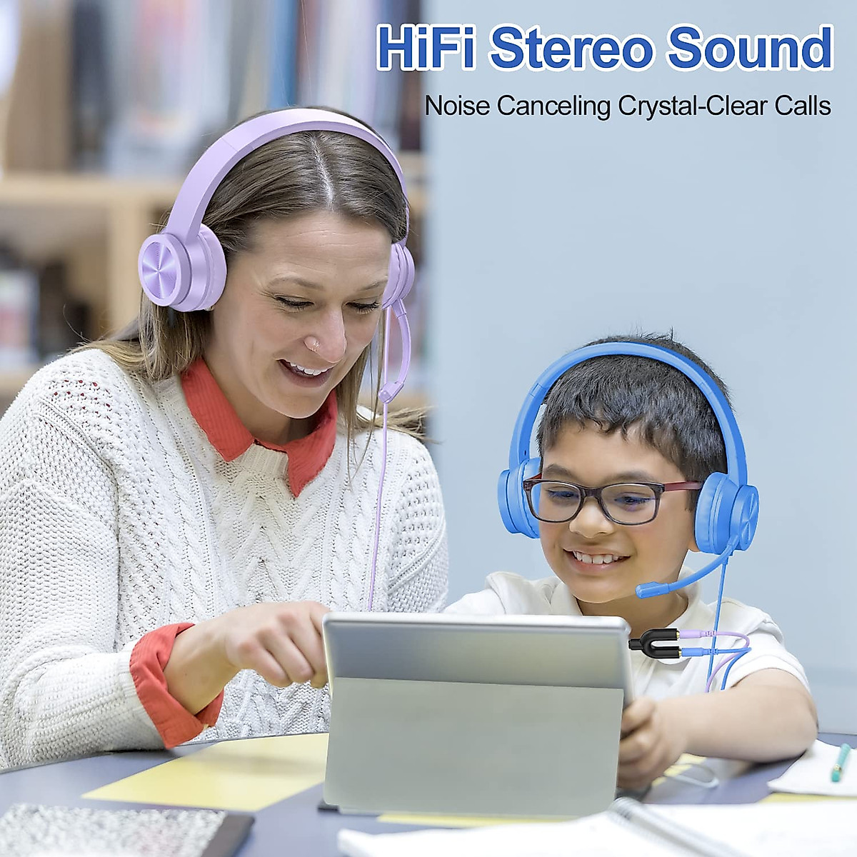 【2 Pack】Kids Headphones with Microphone for School, Wired Headsets with 94dB Volume Limit & Sharing Splitter for Boys/Girls, Computer Headset for Smartphones/iPad/PS4/Xbox One/PC, Blue&Purple