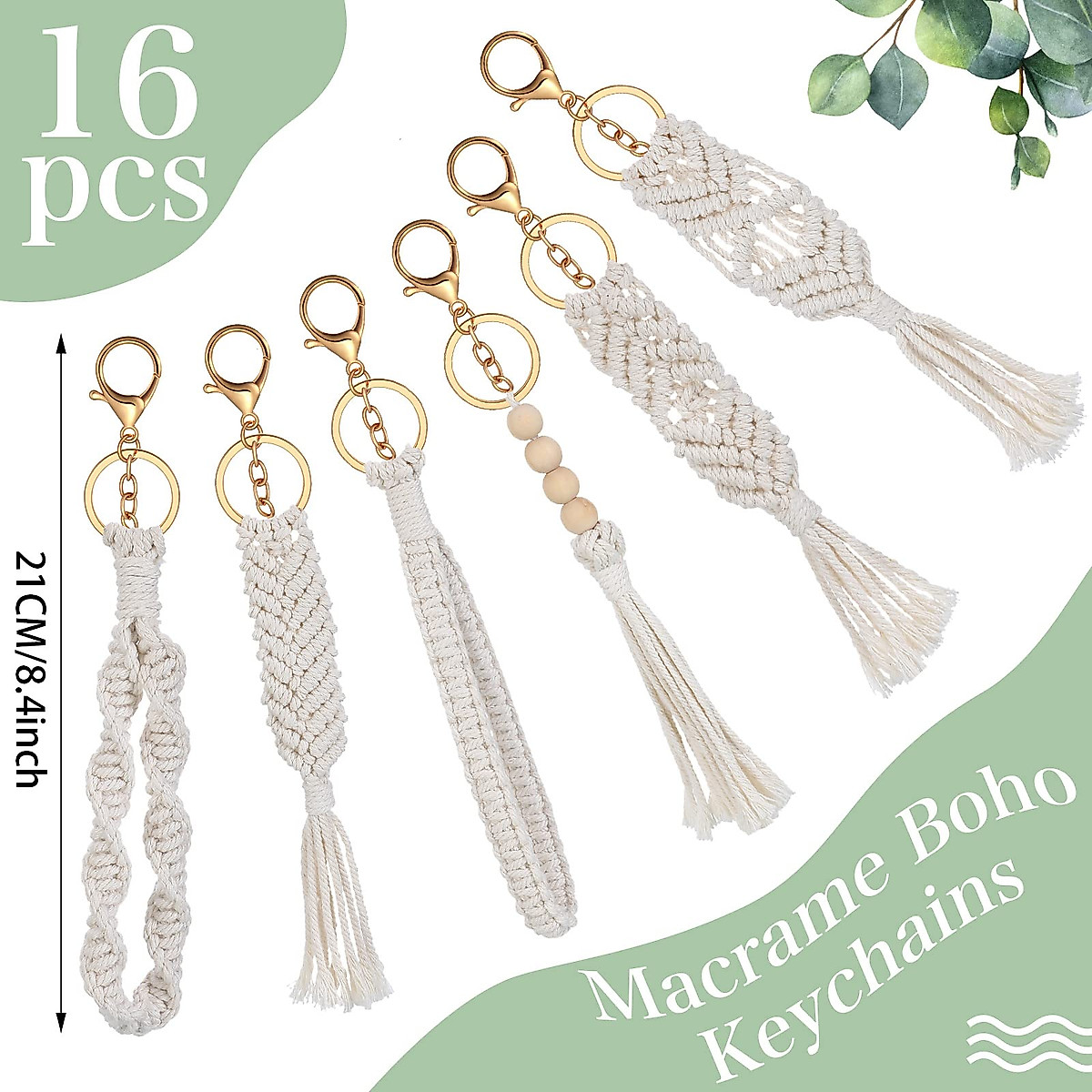 Junkin 16 Pack Mini Macrame Keychains Cute Boho Macrame Bag Charms Handcrafted Aesthetic Boho Car Accessories Boho Keychain for Women Tassel Keychain for Car