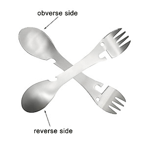 Pinenjoy 2Pcs Camping Multi-Function Spork 5 in 1 Spoon Fork Knife Can Bottle Opener Combo 18/10(304) Stainless Steel Portable Utensils for Outdoor Picnic Hiking Fishing Boating BBQ Travel
