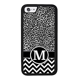 Black White Leopard Chevron Personalized Apple iPhone Black Rubber Phone Case Compatible with iPhone 14 Pro Max, Pro, Max, iPhone 13 Pro Max Mini, 12 Pro Max Mini, 11 Pro Max X XS Max XR 8 7 Plus