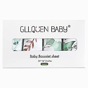GLLQUEN BABY Bassinet Sheets 4 Pack, Breathable Cozy Fitted Mattress Sheet, Elastic Travel Crib Fashionable Floral Pattern, Standard Cradle Safe Sheets for Baby Boy Girls 32"X16"(Greenery)