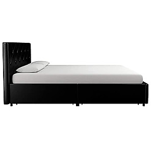 DHP Dakota Upholstered Platform Bed with Underbed Storage Drawers and Diamond Button Tufted Headboard and Footboard, No Box Spring Needed, Queen, Black Faux Leather