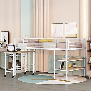 Tdewlye Multifunctional Design Twin Size Metal Loft Bed with Desk and Shelves, for Girls,Boys,Kids,Teens, (White-@66)