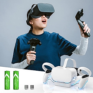 VR Charging Dock for Oculus Quest 2/Meta Quest 2,VR Headset and Controller Display Stand with LED Light, Two Rechargeable Batteries, Magnetic Charging Compatible with Meta Quest 2 Accessories