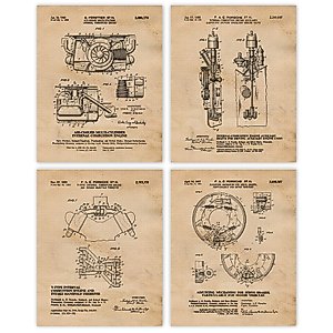 Vintage Engine Parts Patent Prints, 4 (8x10) Unframed Photos, Wall Art Decor Gifts Under 20 for Home Office Porsche Garage Man Cave Engineer College Student Teacher Coach F1 Team Auto Racing Champion