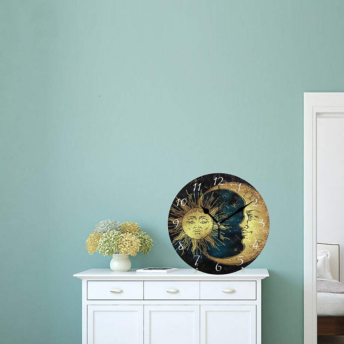 AHOMY Round Wall Clock Boho Sun and Moon Stars Home Art Decor Non-Ticking Numeral Clock for Home Office