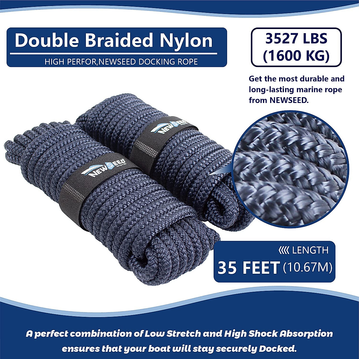 MALZE-NEWSEED Dock Lines 2 Pack 3/8" x 35' Double Braided Nylon Boat Rope with 12" Eyelets, Marine Grade Premium Mooring Lines for Docking, Navy Blue