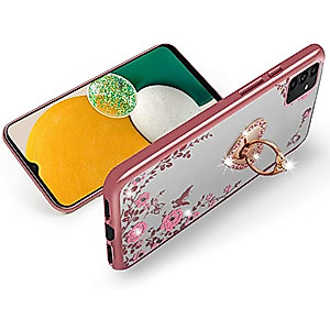 B-wishy for Samsung Galaxy A13 5G/4G/A04S Phone Case, Glitter Butterfly Heart Slim TPU Bling Diamond Rhinestone Cute for Girls Women with Ring Stand+Strap for Galaxy A13 5G/4G/A04S(Rose Gold)