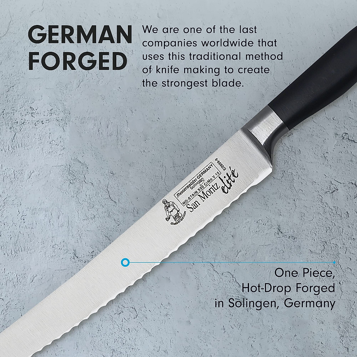 Messermeister San Moritz Elite 9” Scalloped Bread Knife - Fine German Steel Alloy Blade - Rust Resistant & Easy to Maintain
