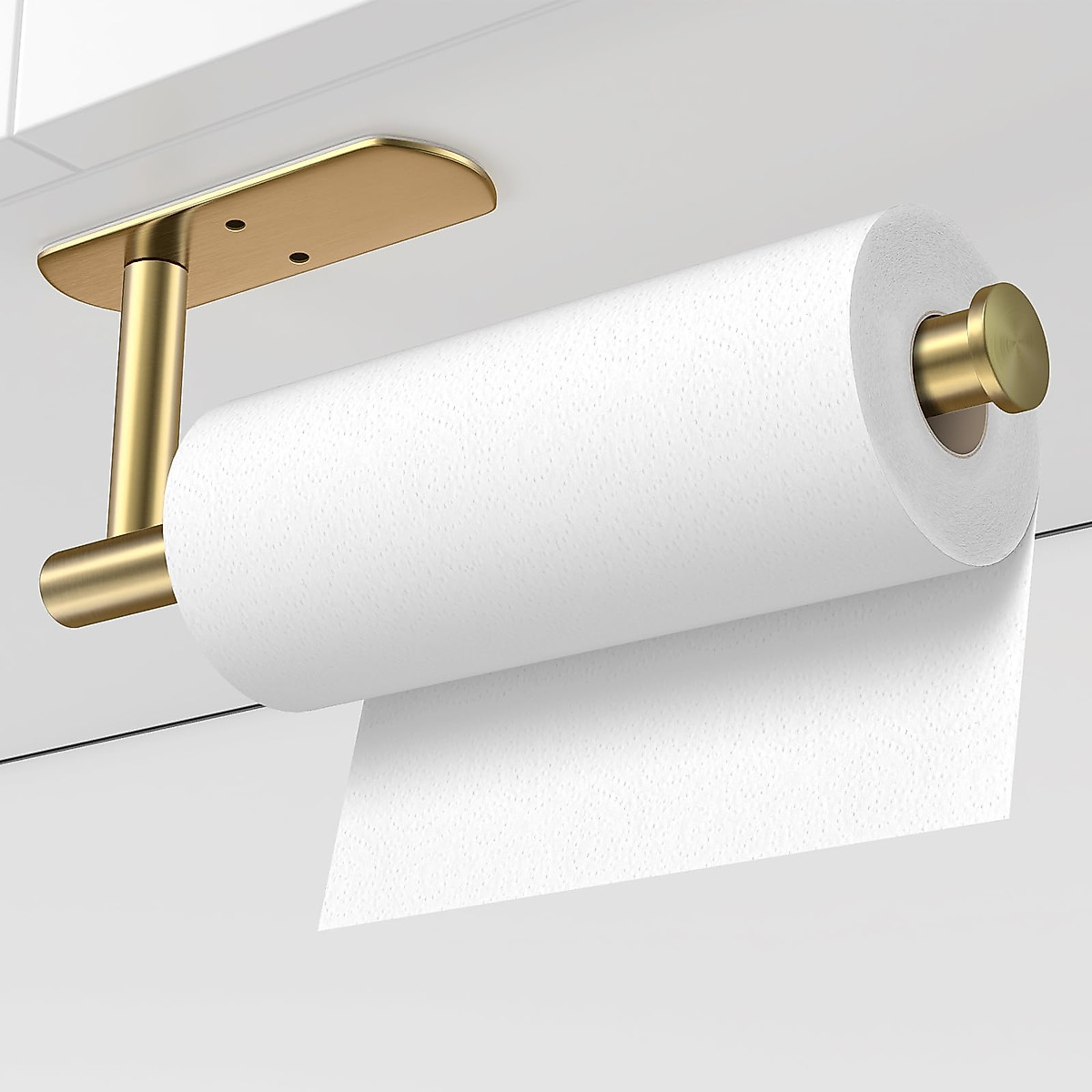 VAEHOLD Self Adhesive Paper Towel Holder Under Cabinet Mount, Wall Mounted Paper Towel Roll Holder for Kitchen, Bathroom, Wall - SUS304 Stainless Steel (Gold)