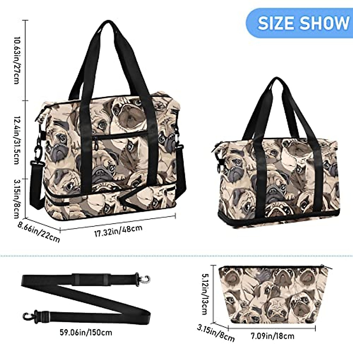 ALAZA Beige Pug Dog Art Gym Bag Sports Duffel Bag with Shoes Compartment, Overnight Weekender Travel Tote Bag for Women Men Trip College