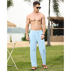 EndoraDore Men's Linen Cotton Pants Slim Fit Joggers Pants Athletic Workout Elastic Trousers Pants Beach Vacation Lightblue