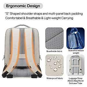 Mixi Travel Backpack for Women & Men 15.6'' Laptop Carry On Weekender Bag Outdoor Hiking with Multifunction Pockets 180° Open Water Resistant 18 Inch 22L, Moonlight White