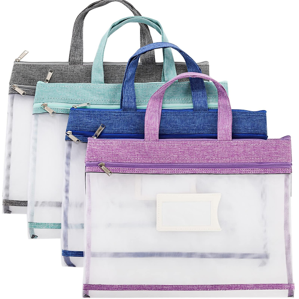 AVLA 4 Pack Student Book Pouches, A4 Mesh Zipper Bag with Handle, File Document Puzzle Bag with Name Card Pocket for Organizing Storage Board Games, School Office Appliances, Convenient to Carry