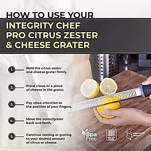 Integrity Chef PRO Citrus Zester and Cheese Grater - Premium Non-Slip Grip Handle, Dishwasher Safe Lemon Zester - Parmesan, Garlic, Nutmeg, Chocolate, Ginger Grater - Stainless Steel Grater (13.2")