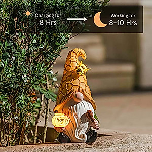 LA JOLIE MUSE Garden Gnomes Statue -11.3'' Resin Summer Bee Gnome Figurine Holding Honey Jar with Solar LED Lights, Outdoor Decoration for Patio Yard Lawn Porch, Ornament