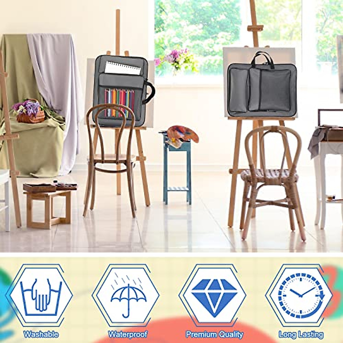 2 Pcs Art Portfolio Case, Art Portfolio Bag 16 x 18 Inch, Art Bag Organizer Backpack with Handle for Kids Artwork Children Drawing Lesson, Sketchbook Drawing Pencil Case Poster Board Project, Gray