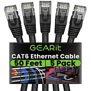 GearIT Cat 6 Ethernet Cable (5-Pack 50 Feet) Cat6 Network Patch, 10Gbps, RJ45, Snagless Cord, Gold-Plated Connectors, Internet for PC, TV, Tablet, Router, Printer, Servers, IT Data Center - Black