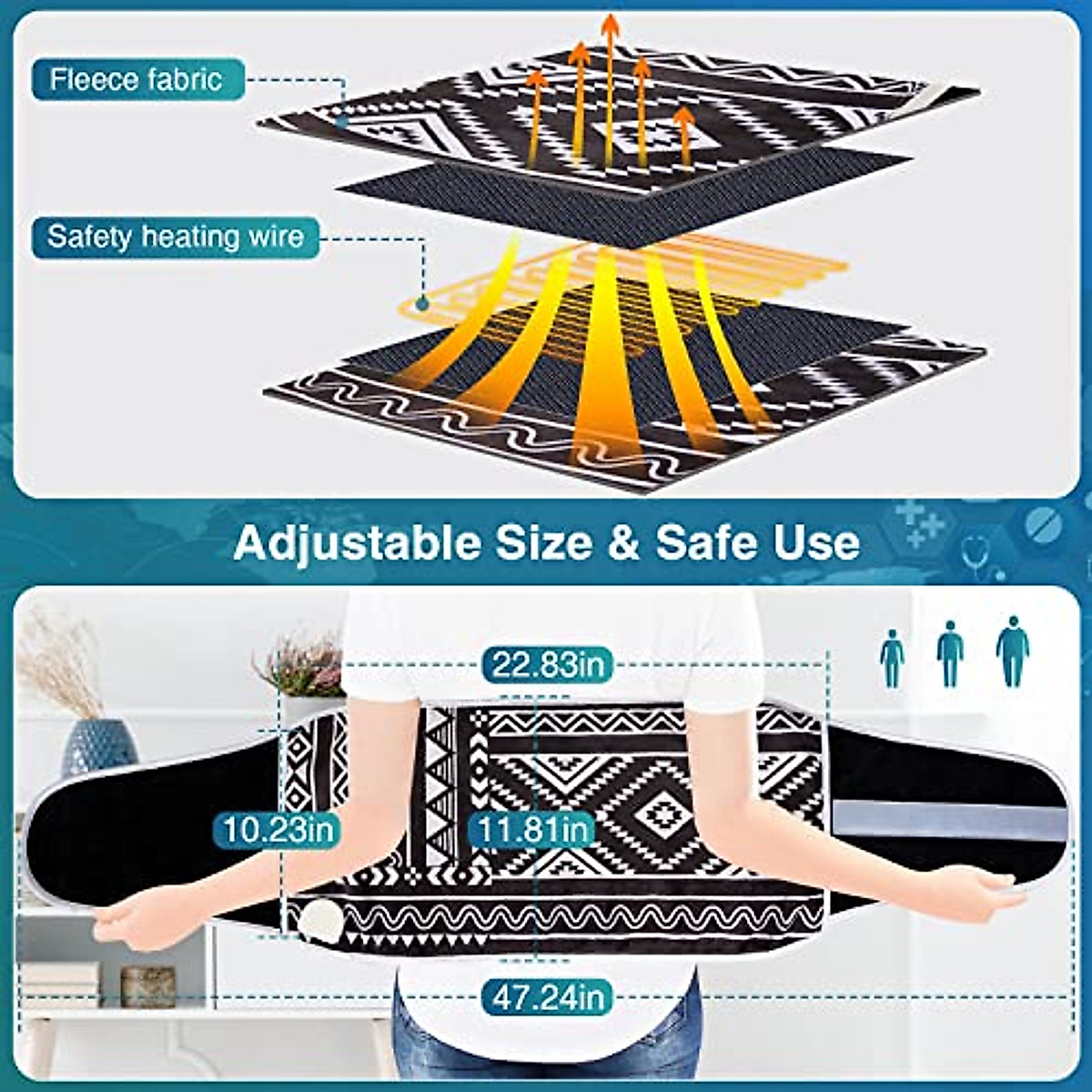 Heating Pad Toberto XL Electric Heating Pad for Back Pain and Cramps Relief,4 Timer Settings,12”x 47”Large Heating Pad with Auto Off and 6 Heat Setting for Period Cramps,Neck and Shoulders