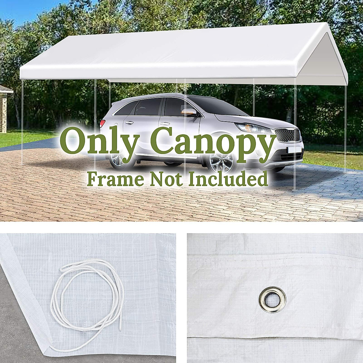 BenefitUSA Canopy ONLY 10'x20' Carport Replacement Canopy Outdoor Tent Garage Top Tarp Shelter Cover w Ball Bungees (White)